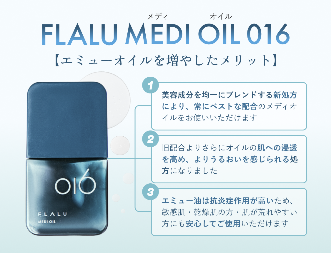 メディオイルの成分配合変更のお知らせ – フラルコスメ（FLALU COSME）